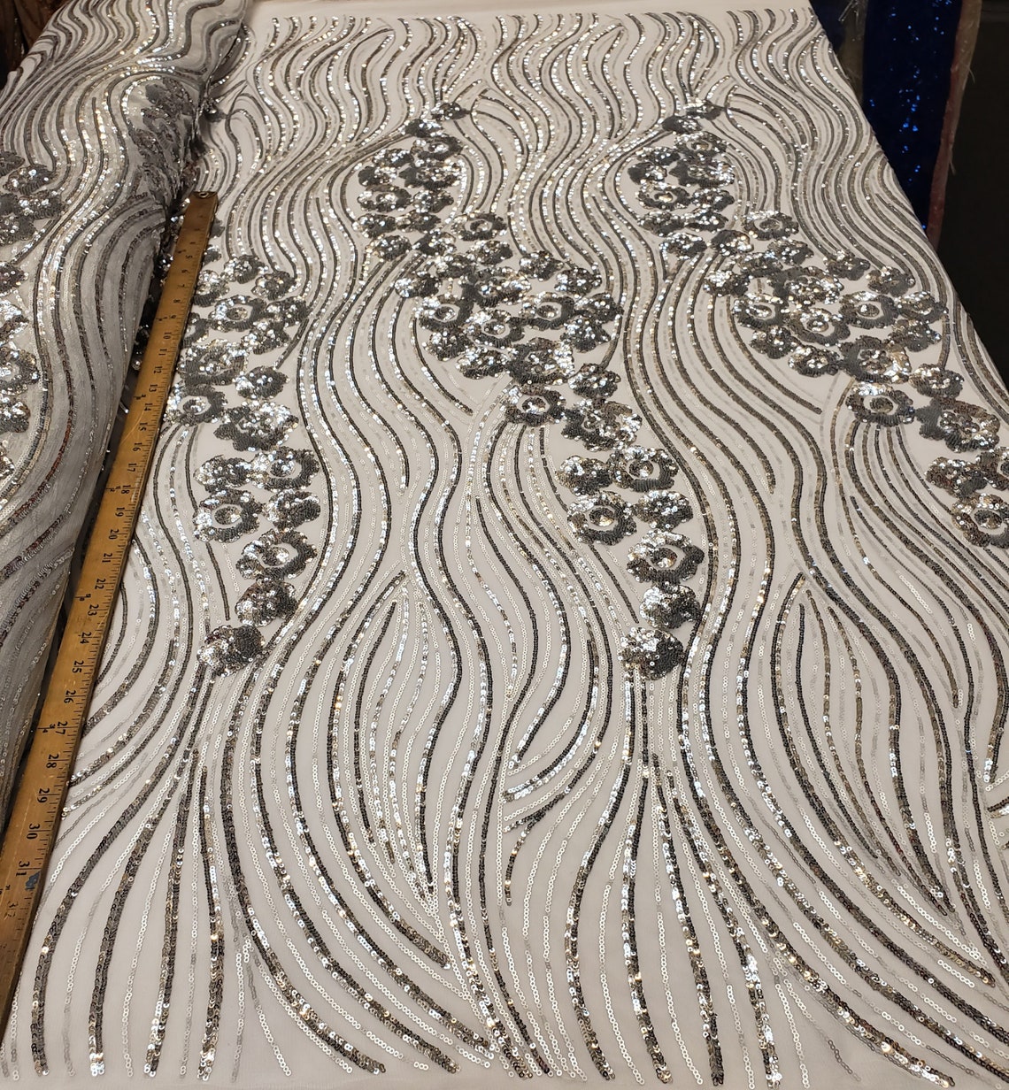 Silver Floral Sequin Embroidery on Poly Mesh Prom Sequin Fabric ...