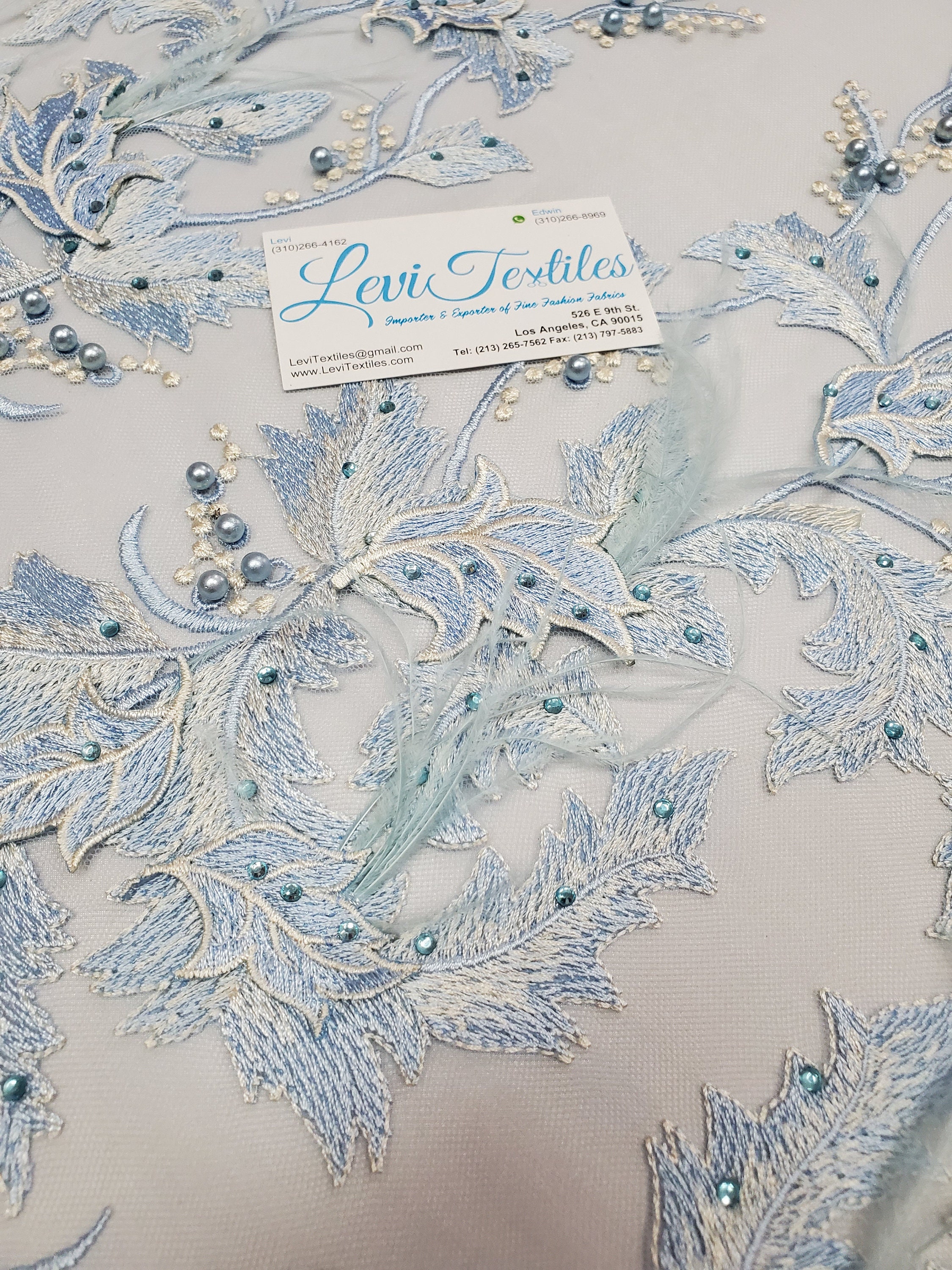 Baby Blue Feather Embroidery With 3D Applications, Pearls, Stones ...