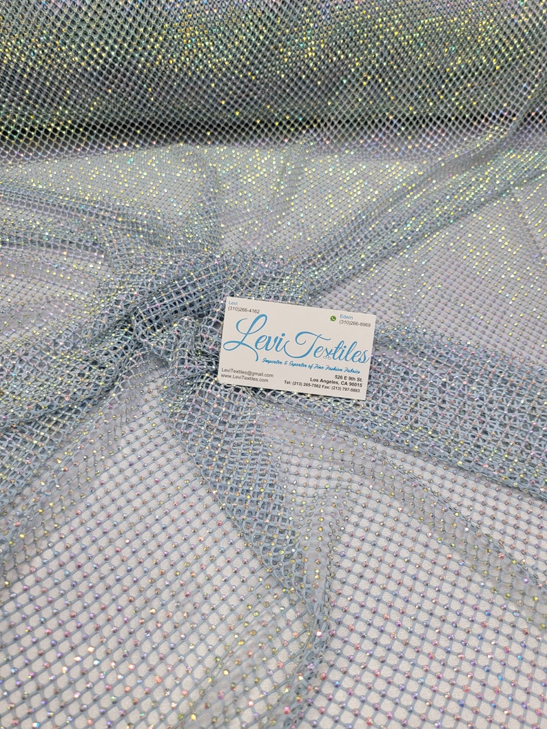 AB Iridescent Rhinestones on Baby Blue Soft Stretch Fish Net Mesh ...