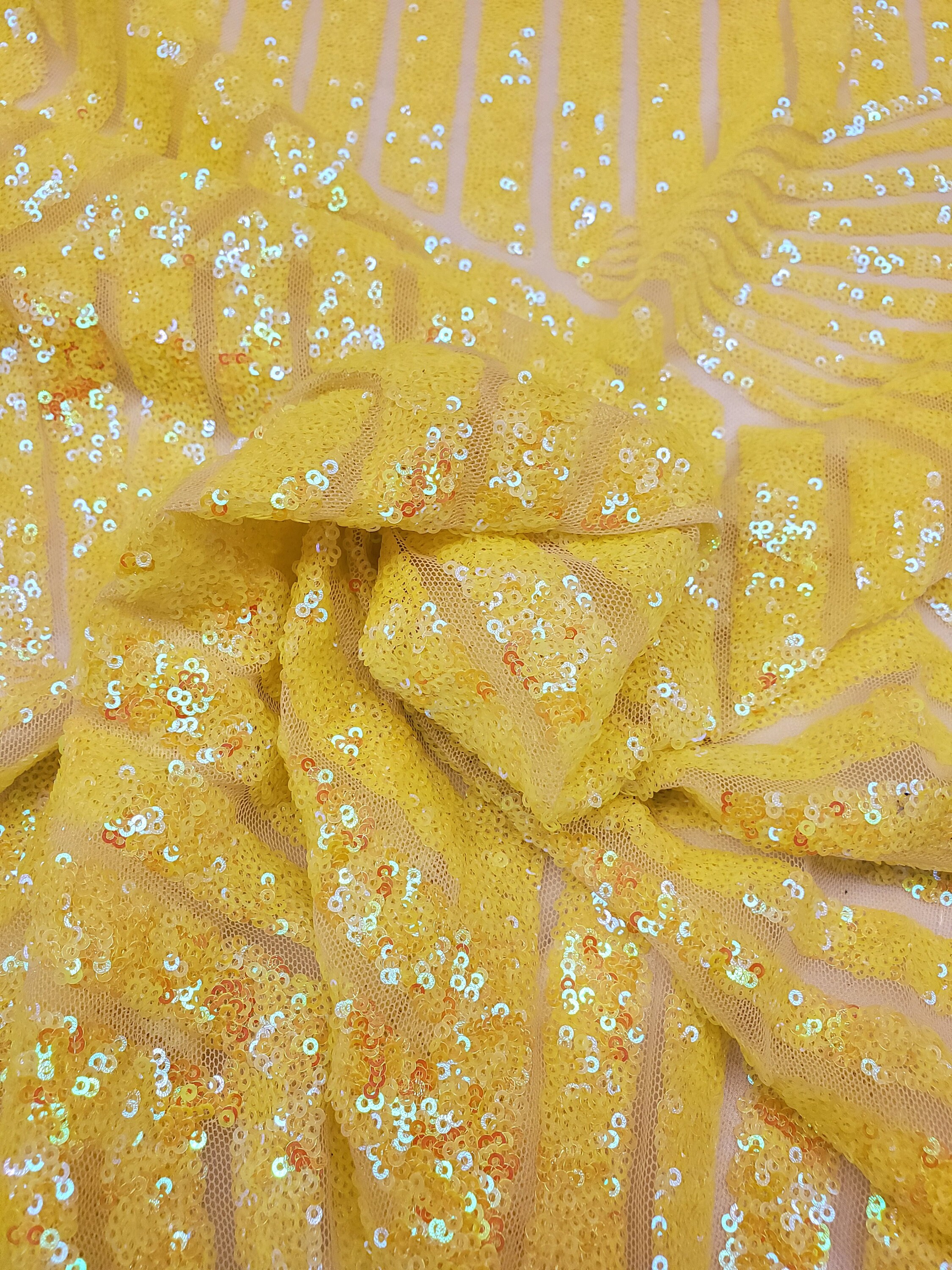 Iridescent Yellow Geometric Sequin Fabric on Mesh 2 Way Stretch ...