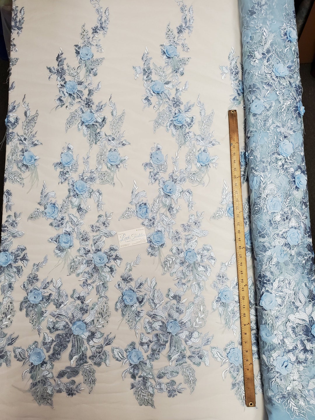 Baby Blue Floral Embroidery With 3D Satin Flowers, Sequins & Ostrich ...