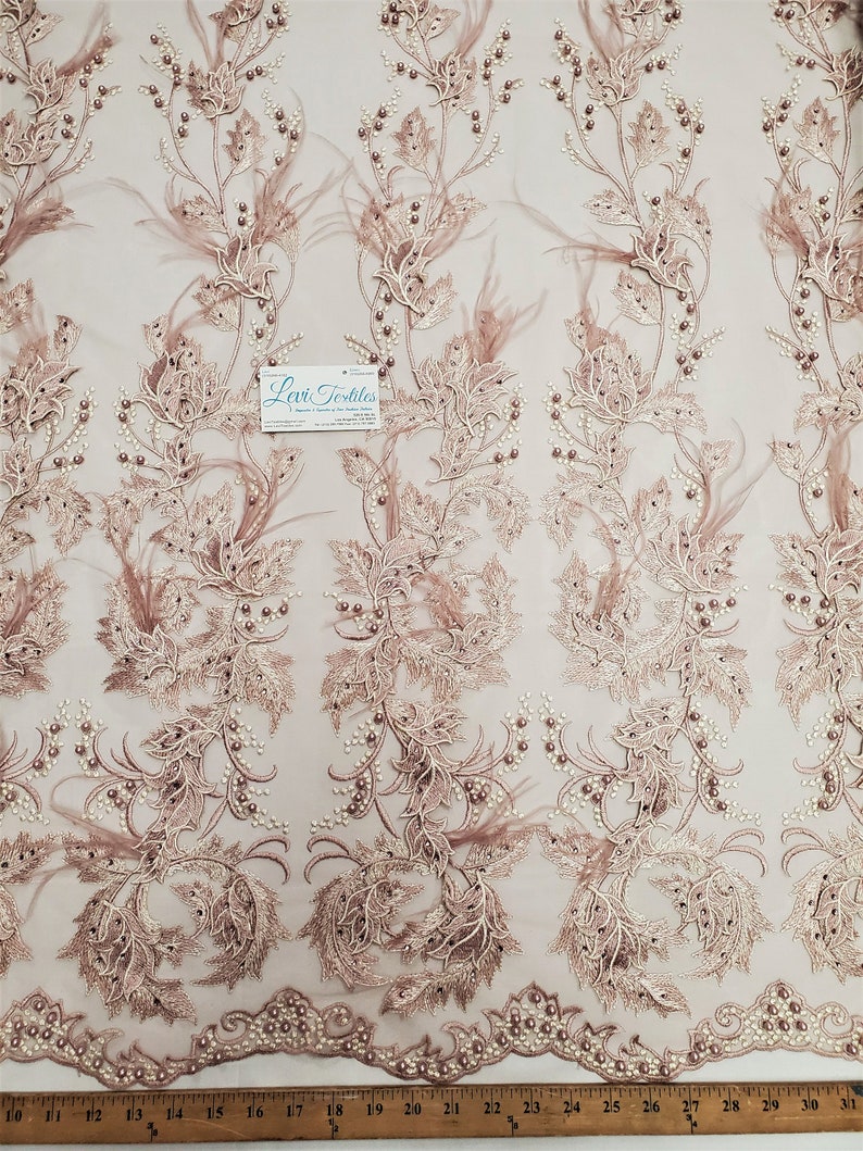 Dusty Rose Embroidery With 3D Applications, Pearls, Stones & Ostrich ...