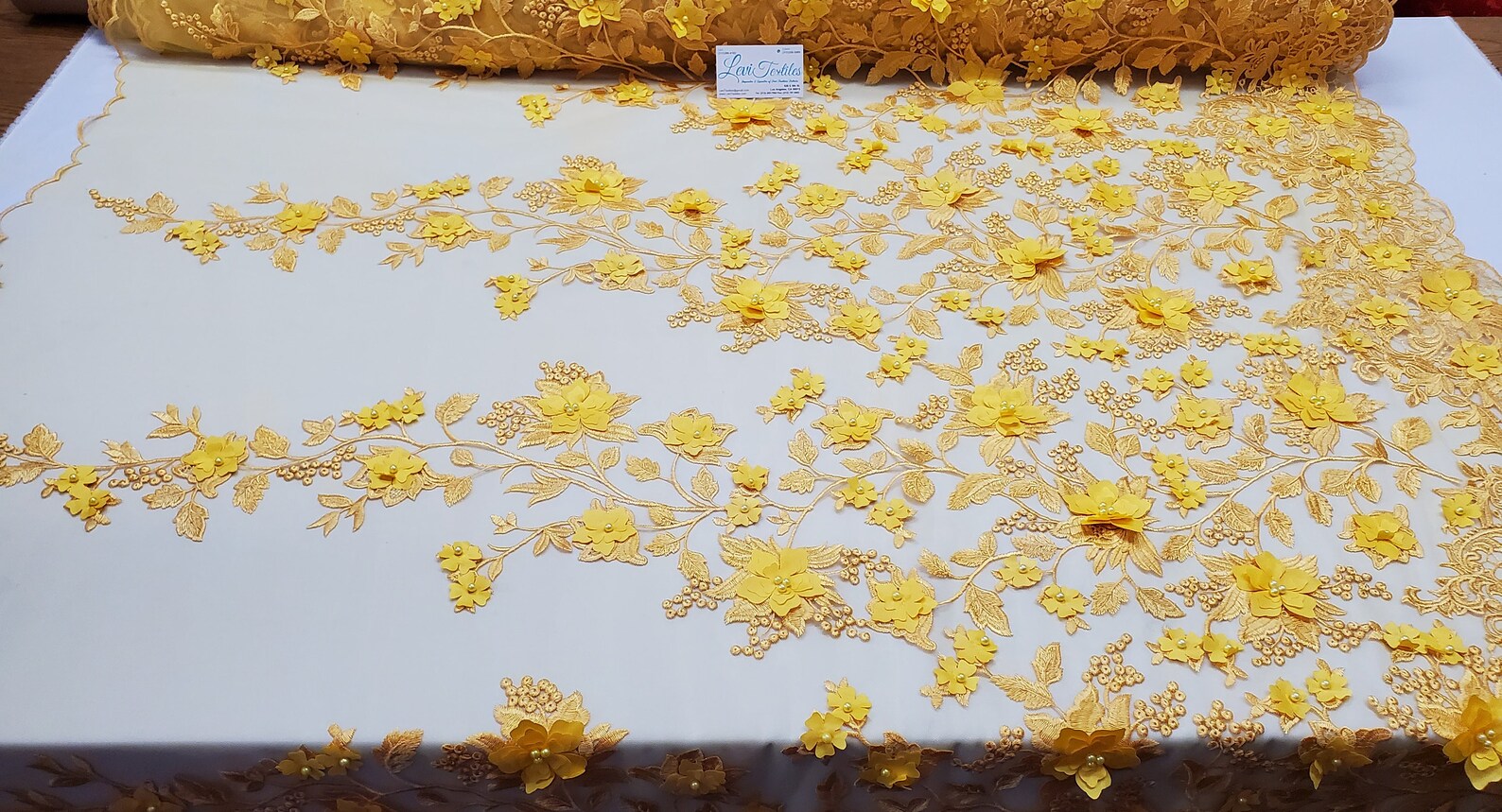 Yellow Floral Embroidery With 3D Satin Flowers & Pearls on Mesh Prom ...