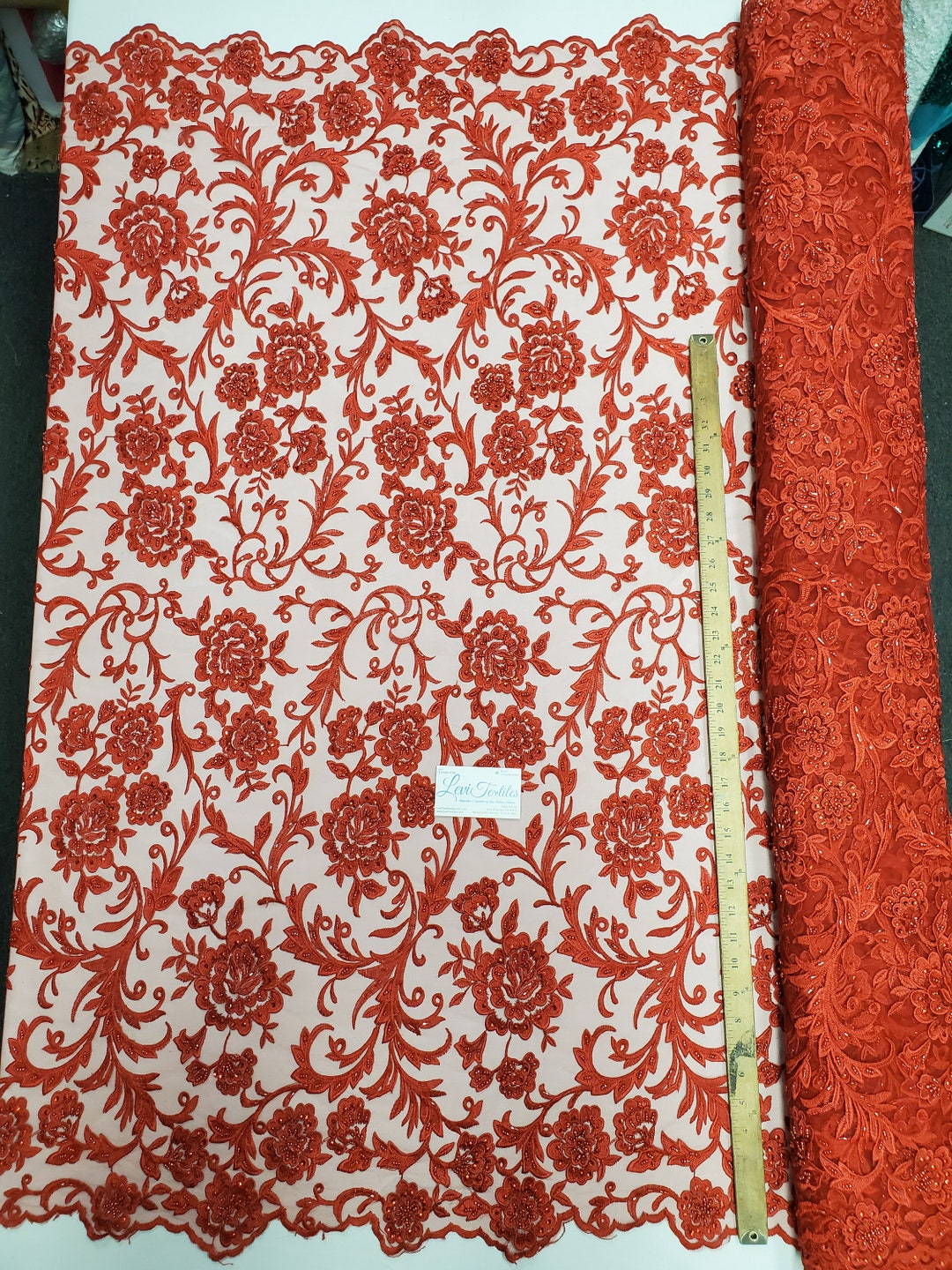 Red Hand Beaded Floral Lace Fabric – Embroidered Pearls, Double Scallop ...
