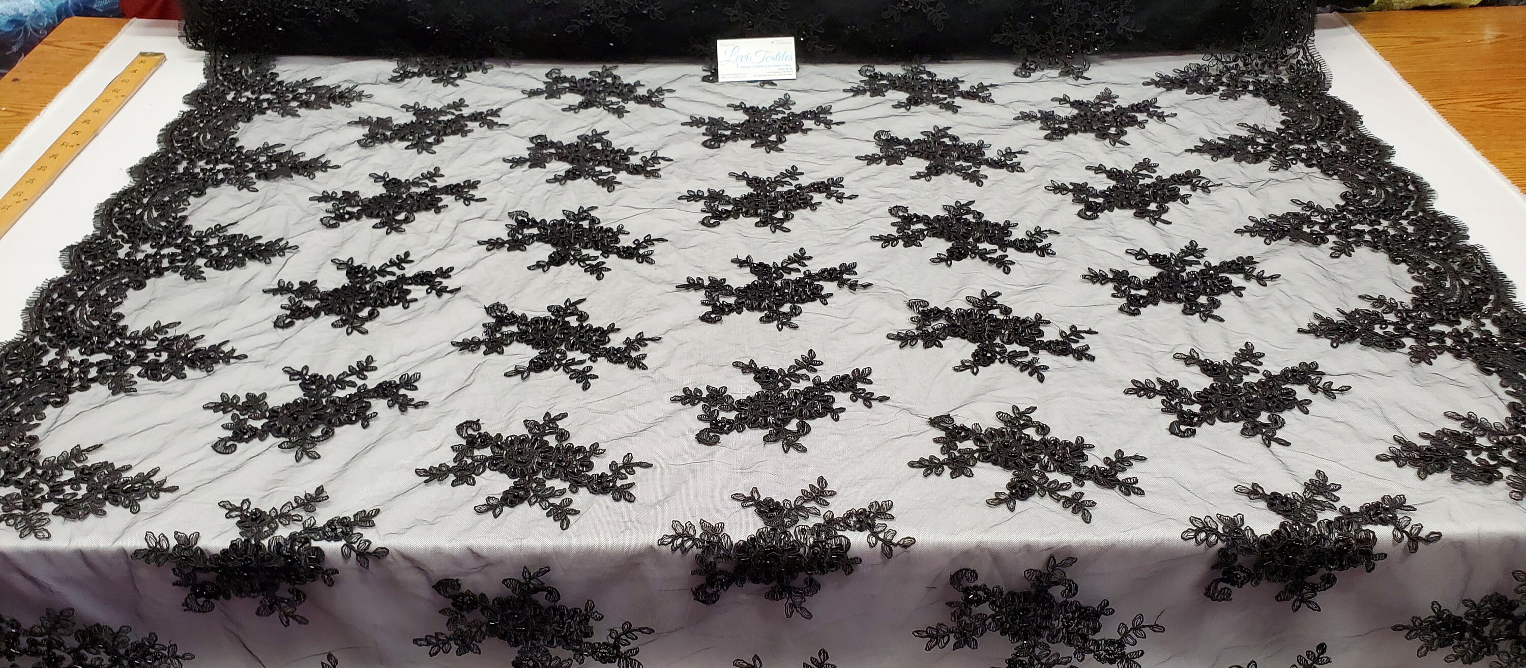 Black Hand Beaded Floral Embroidery on Mesh Fabric Sold by the - Etsy