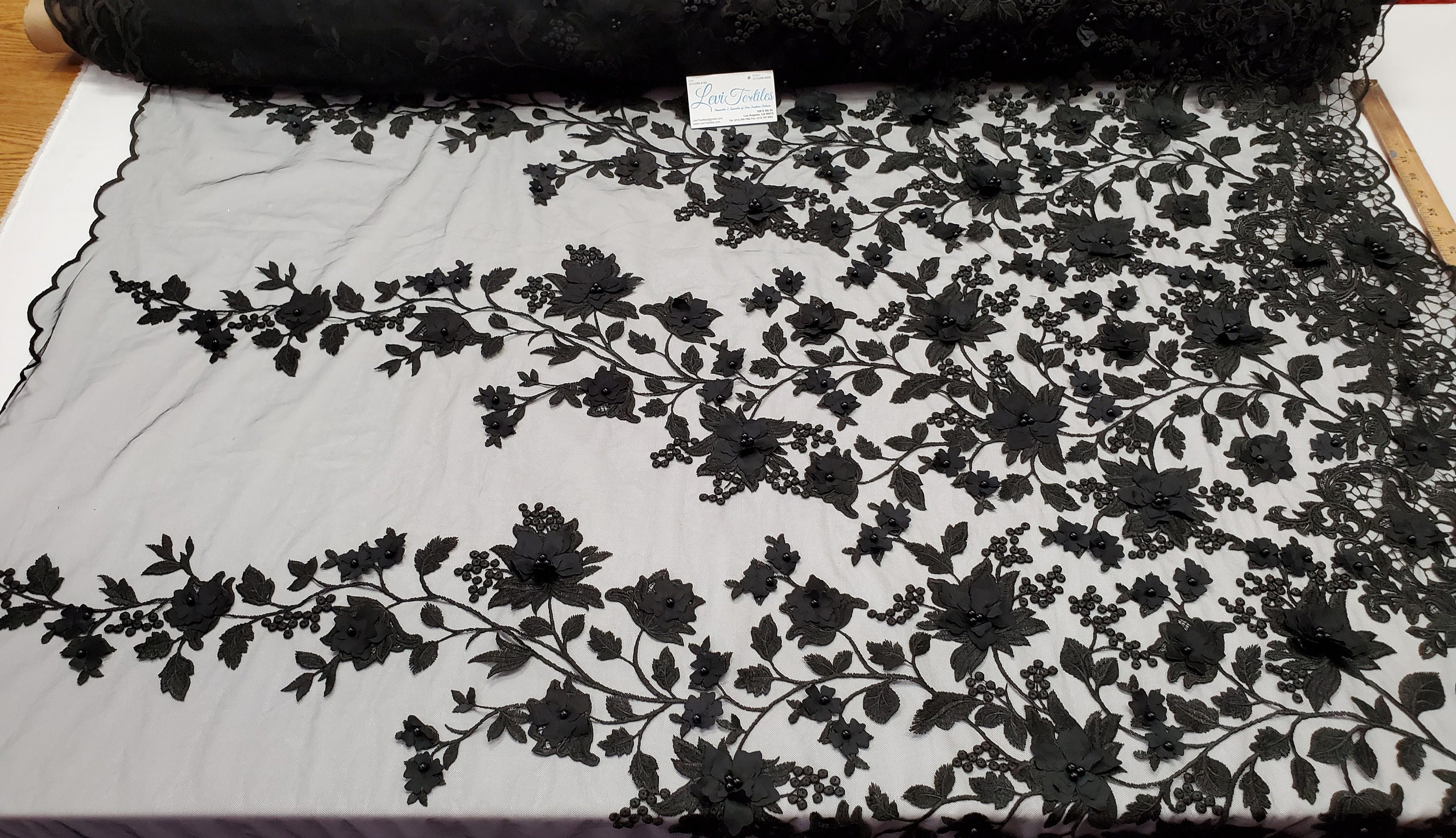 Black Floral Embroidery With 3D Satin Flowers & Pearls on Mesh | Etsy