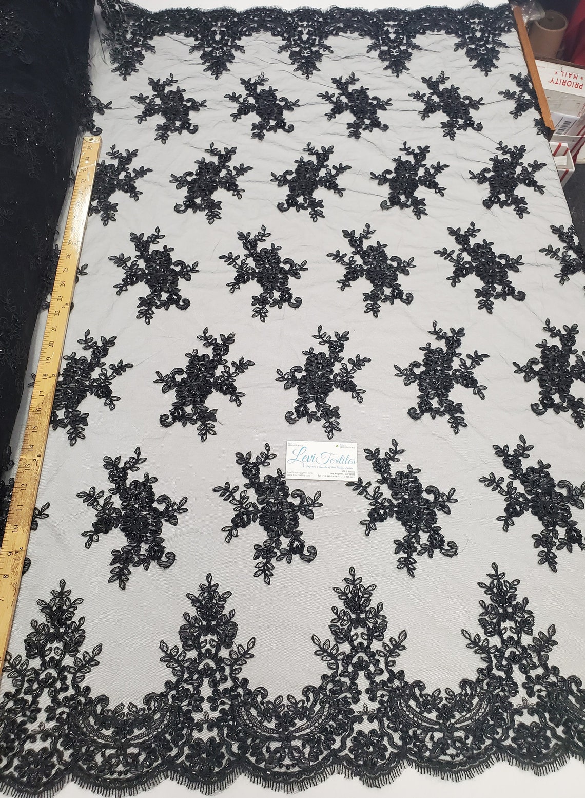 Black Hand Beaded Floral Embroidery on Mesh Fabric Sold by the - Etsy