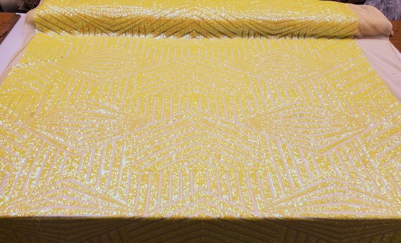 Iridescent Yellow Geometric Sequin Fabric on Mesh 2 Way Stretch ...