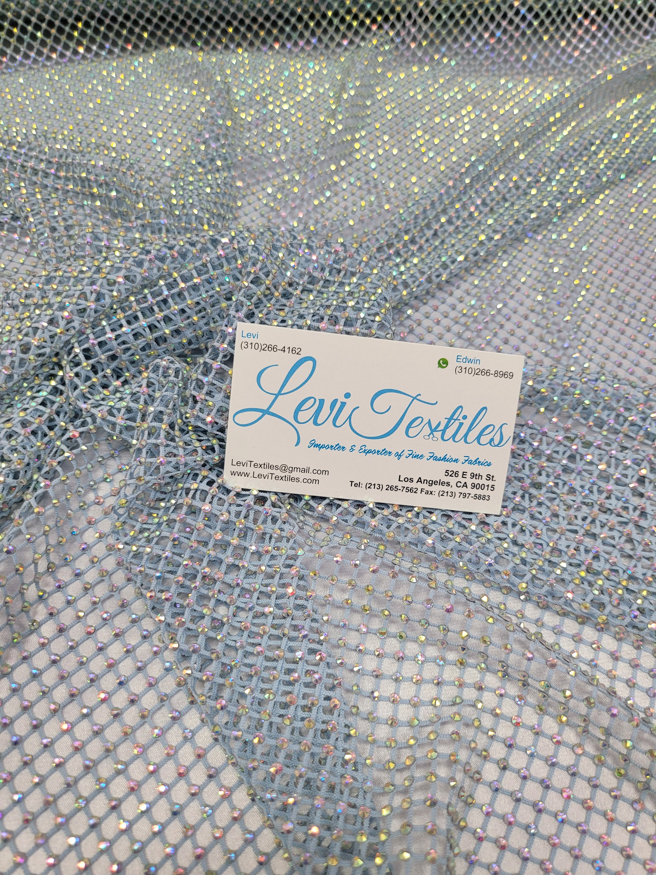 AB Iridescent Rhinestones on Baby Blue Soft Stretch Fish Net Mesh ...