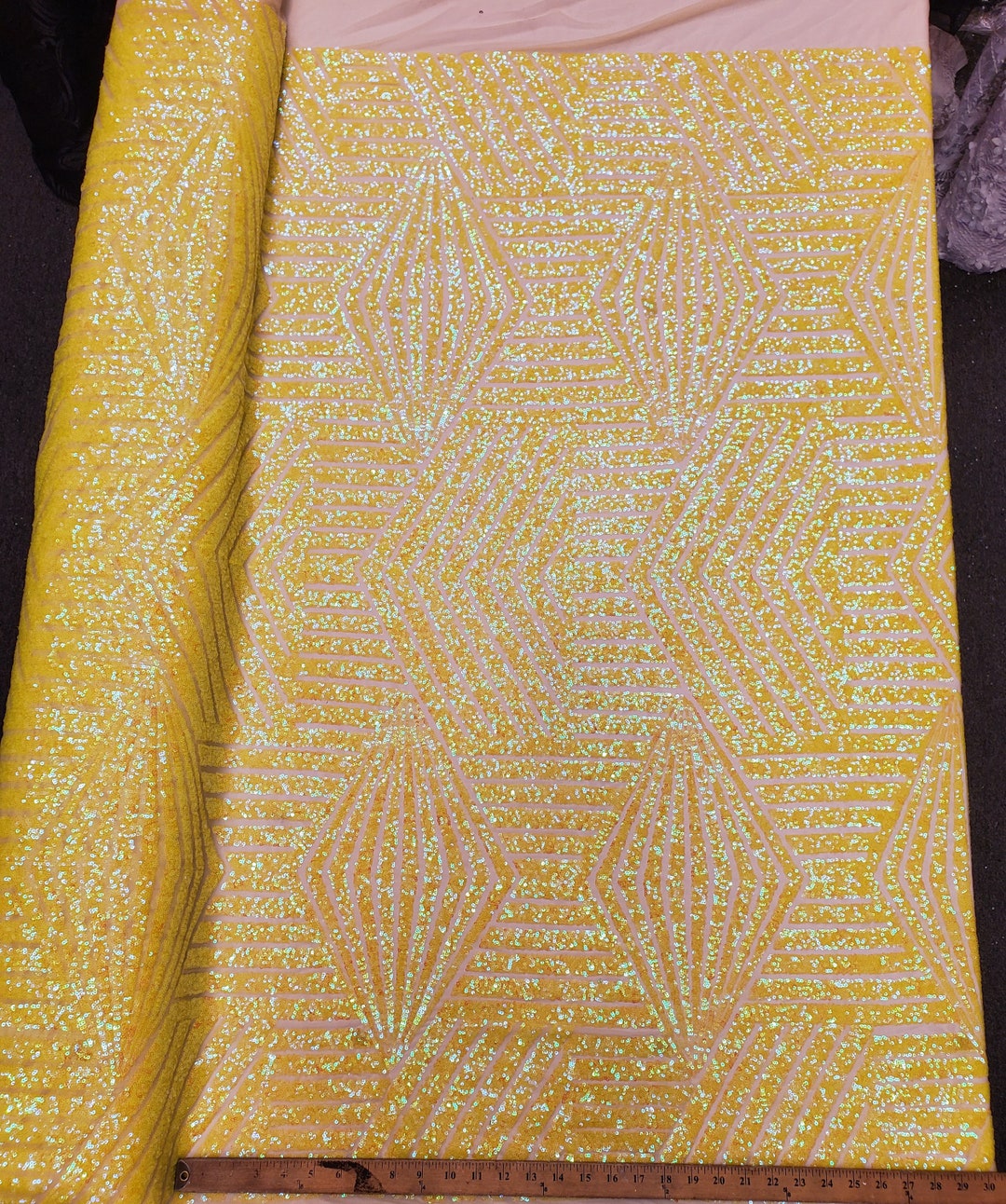 Iridescent Yellow Geometric Sequin Fabric on Mesh 2 Way Stretch ...