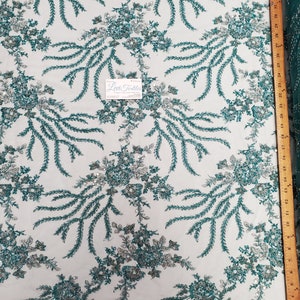 Teal Green Hand Beaded Embroidery on Mesh Tulle Lace Fabric Sold by the ...