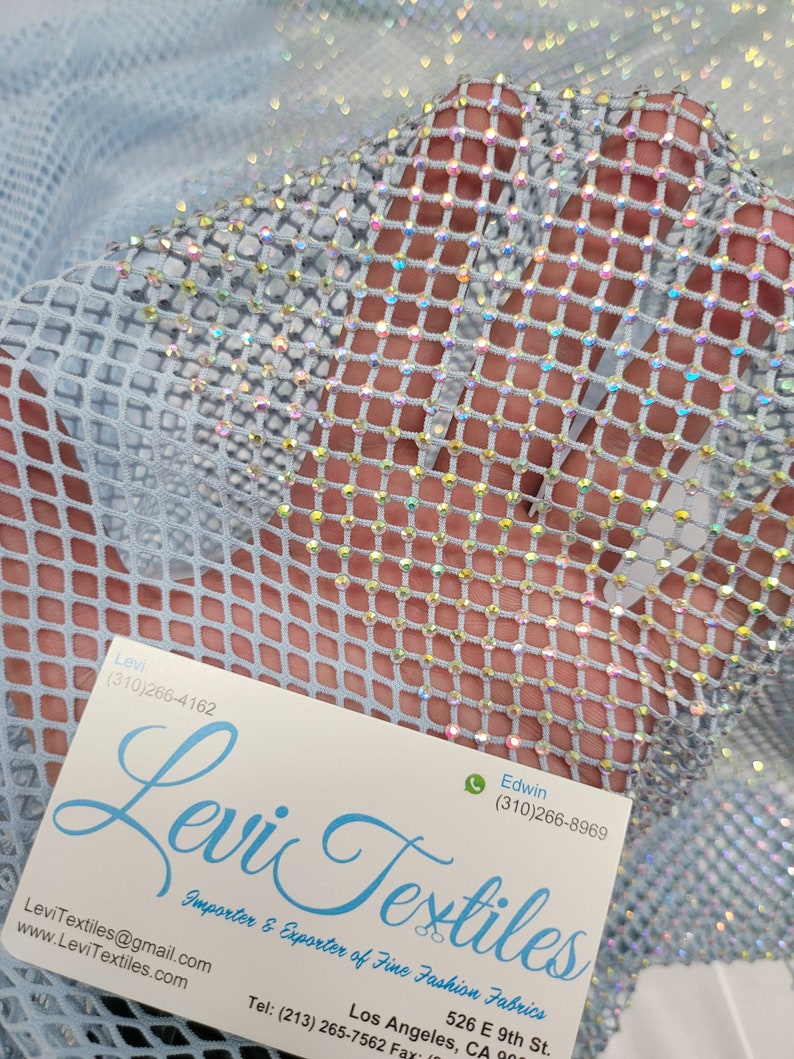AB Iridescent Rhinestones on Baby Blue Soft Stretch Fish Net Mesh ...
