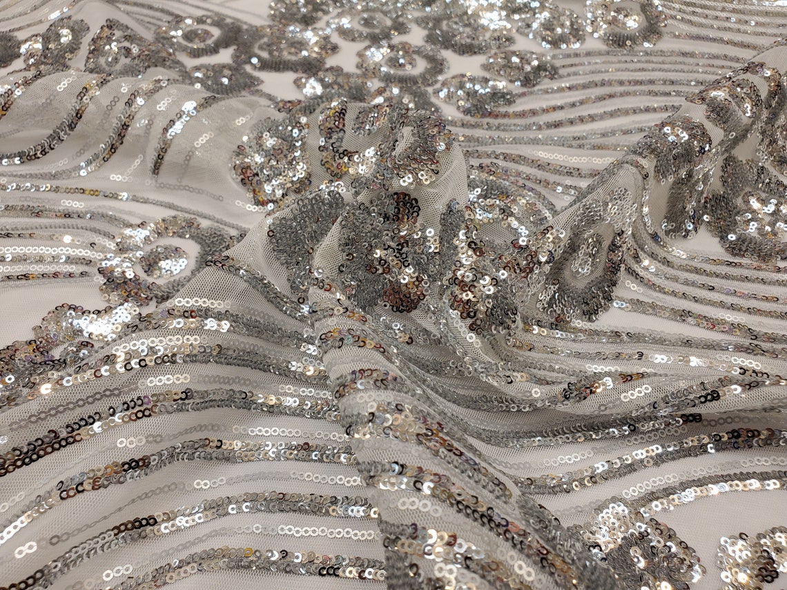 Silver Floral Sequin Embroidery on Poly Mesh Prom Sequin Fabric ...