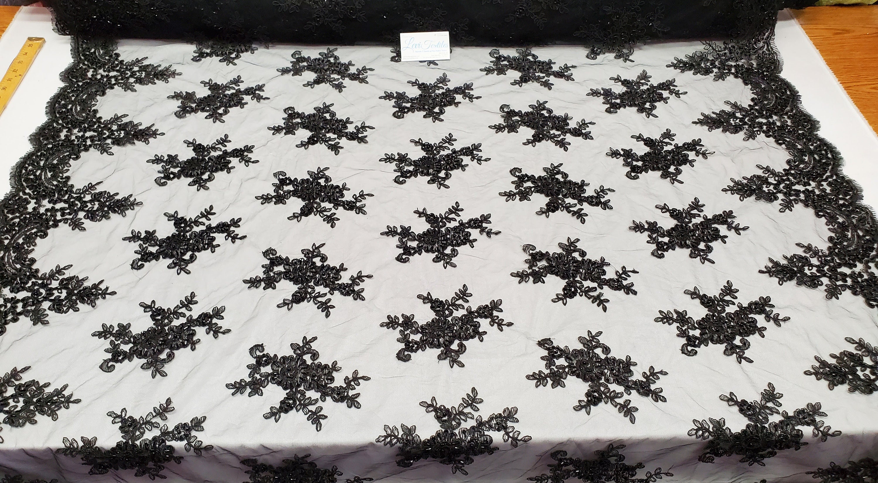 Black Hand Beaded Floral Embroidery on Mesh Fabric Sold by the | Etsy