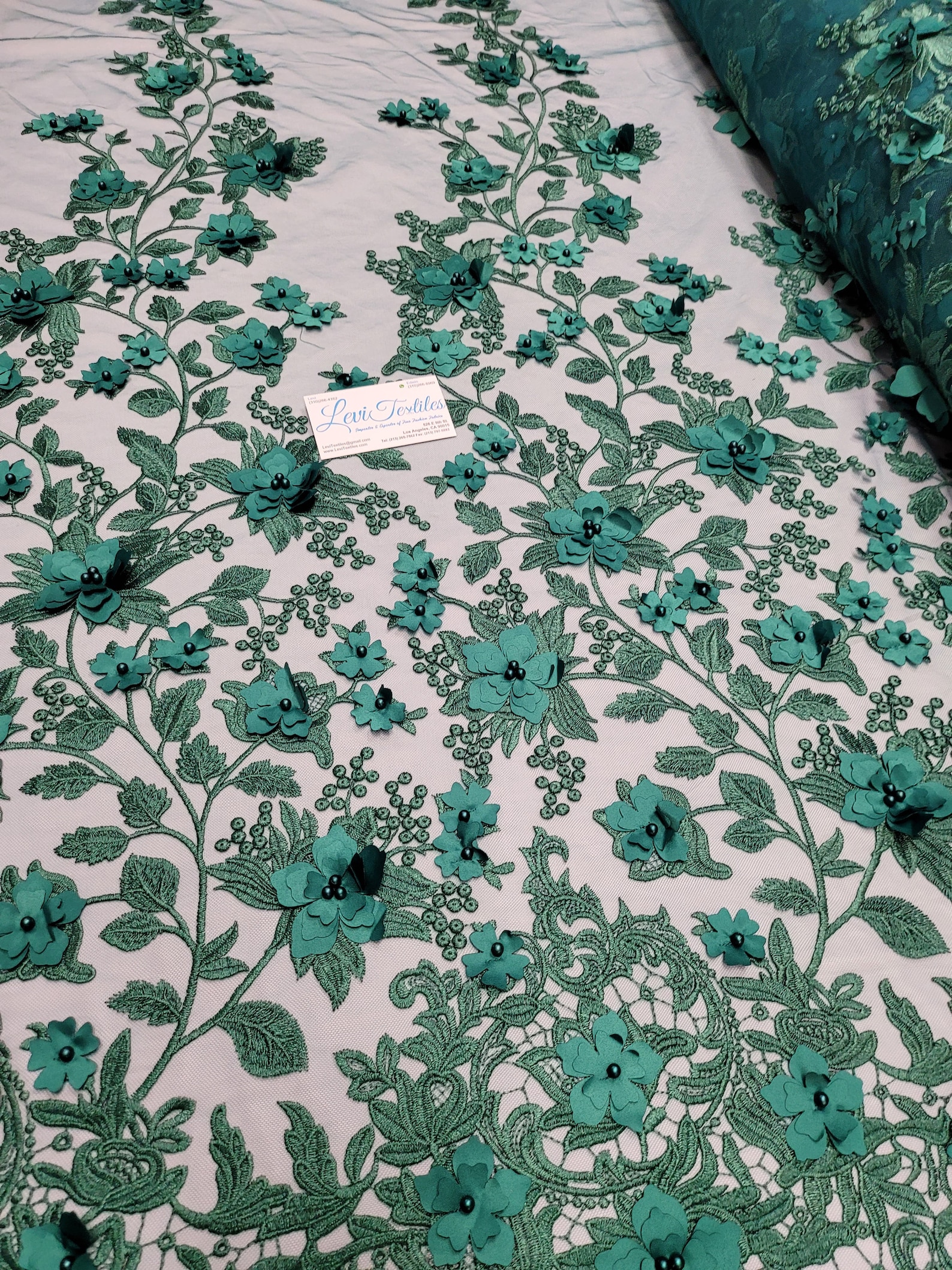 Hunter Green Floral Embroidery With 3D Satin Flowers & Pearls on Mesh ...