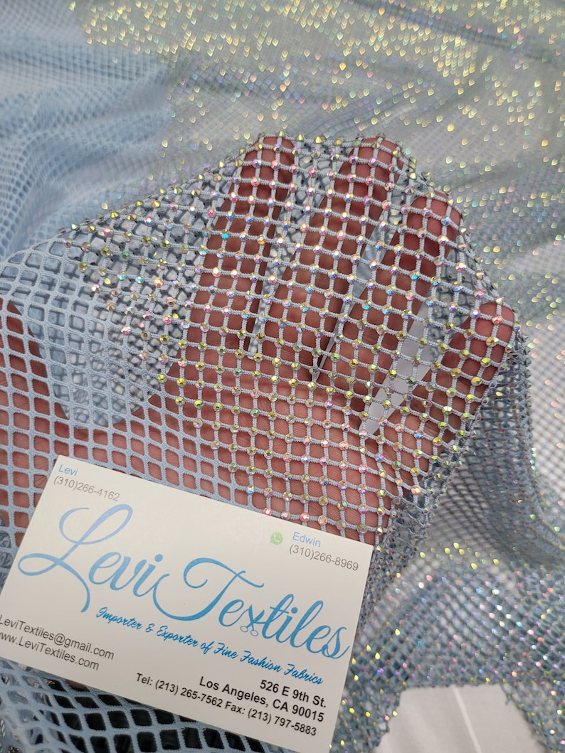 AB Iridescent Rhinestones on Baby Blue Soft Stretch Fish Net Mesh ...