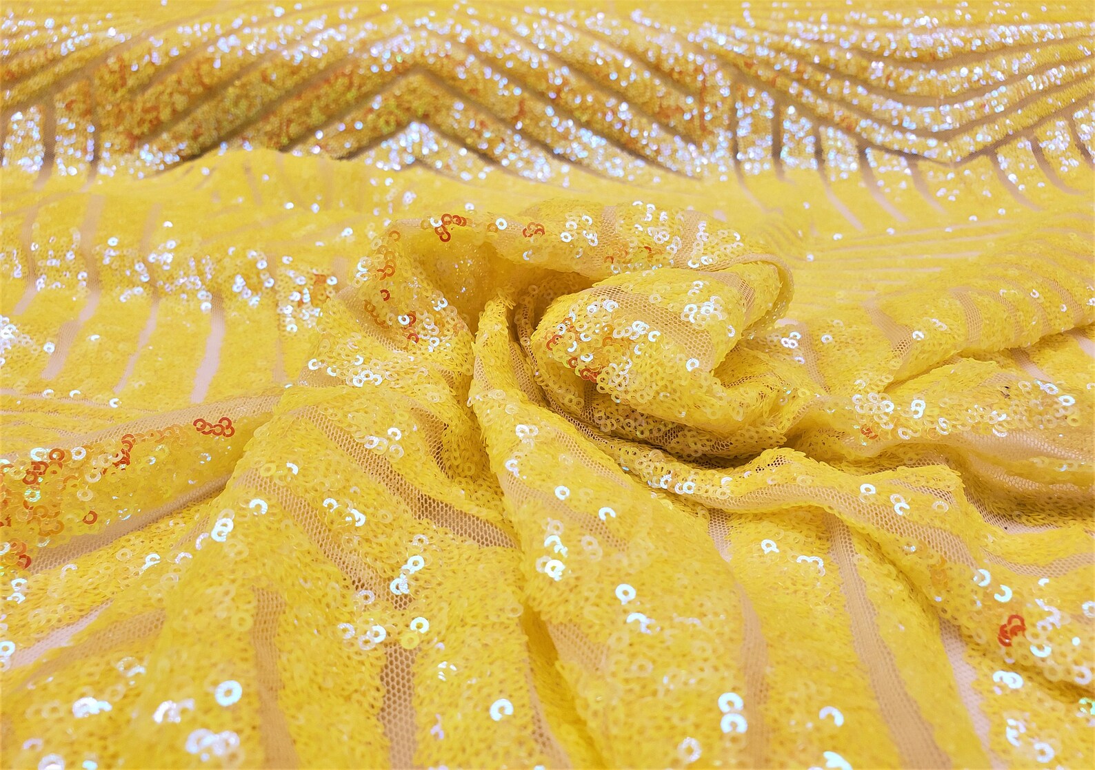 Iridescent Yellow Geometric Sequin Fabric on Mesh 2 Way Stretch ...