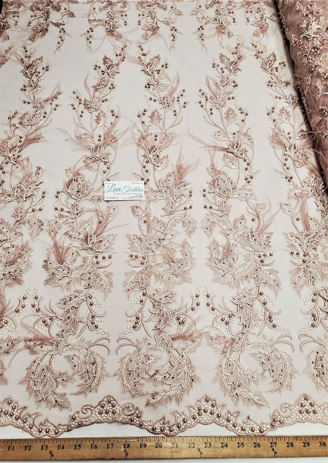 Dusty Rose Embroidery With 3D Applications, Pearls, Stones & Ostrich ...