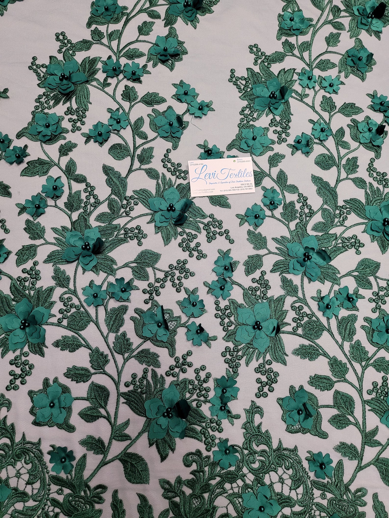 Hunter Green Floral Embroidery With 3D Satin Flowers & Pearls on Mesh ...