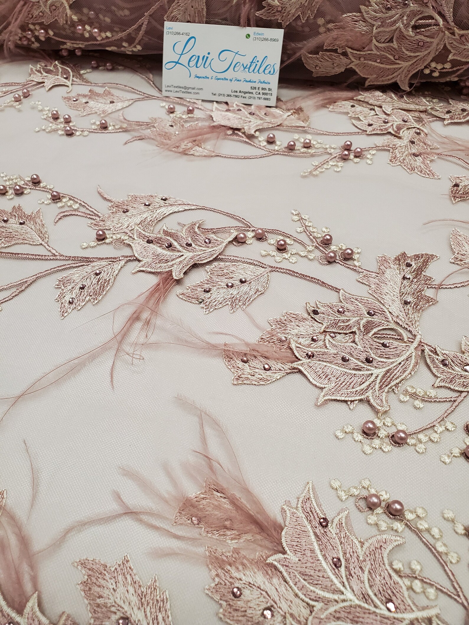 Dusty Rose Embroidery With 3D Applications, Pearls, Stones & Ostrich ...
