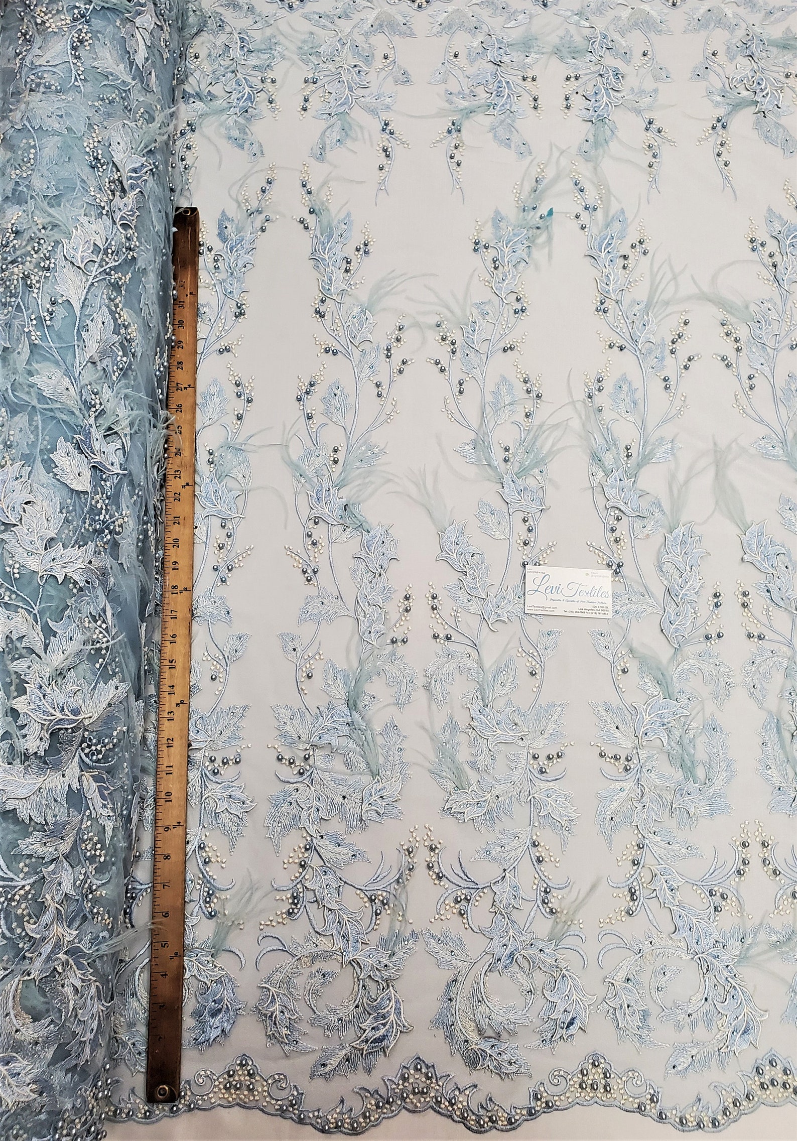 Baby Blue Feather Embroidery With 3D Applications, Pearls, Stones ...