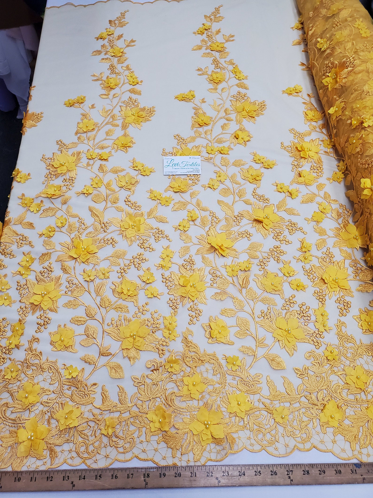 Yellow Floral Embroidery With 3D Satin Flowers & Pearls on Mesh Prom ...