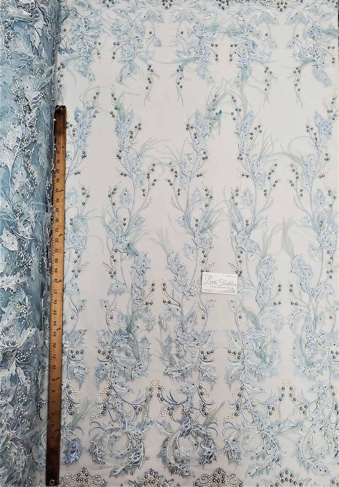 Baby Blue Feather Embroidery With 3D Applications, Pearls, Stones ...