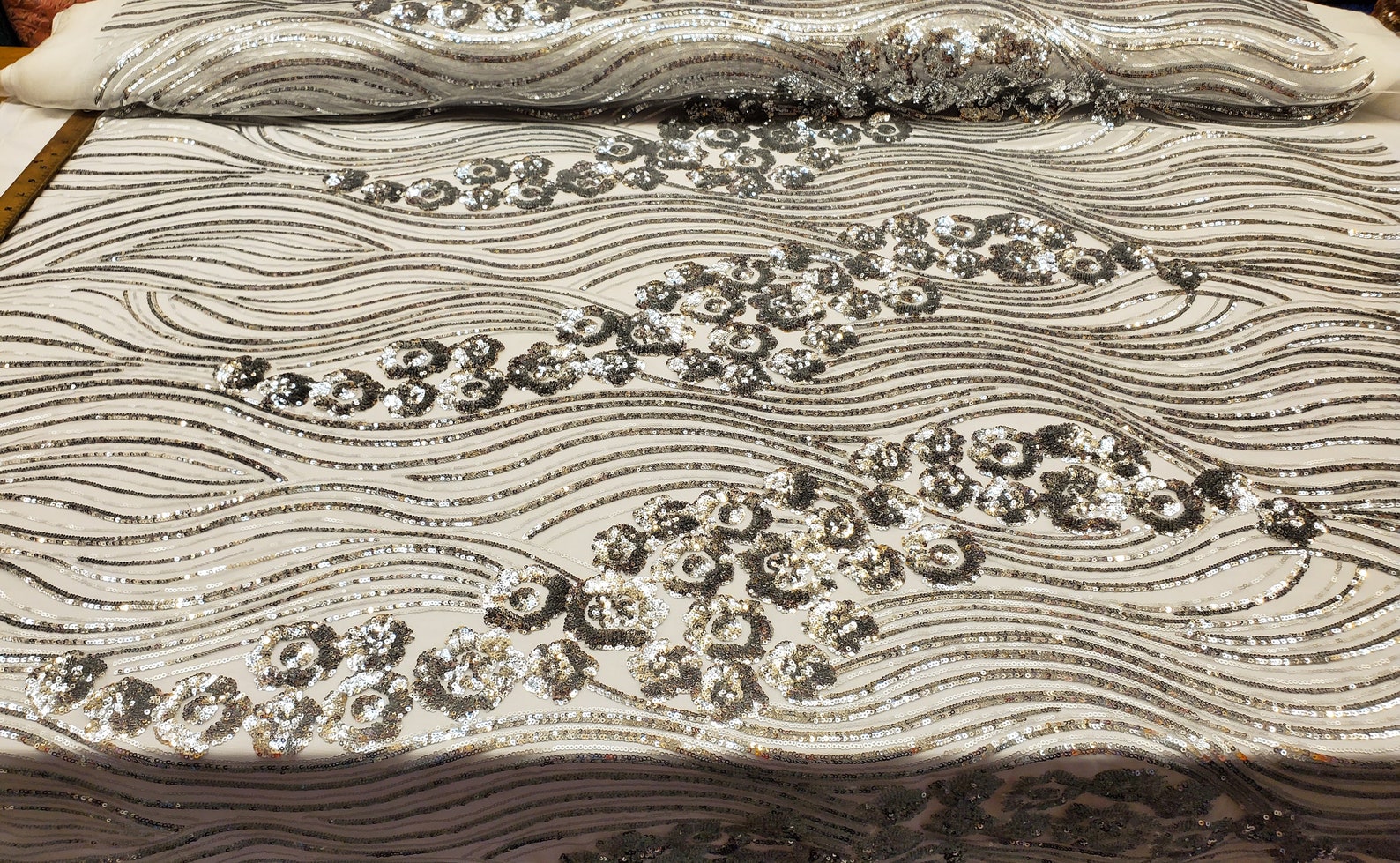 Silver Floral Sequin Embroidery on Poly Mesh Prom Sequin Fabric ...