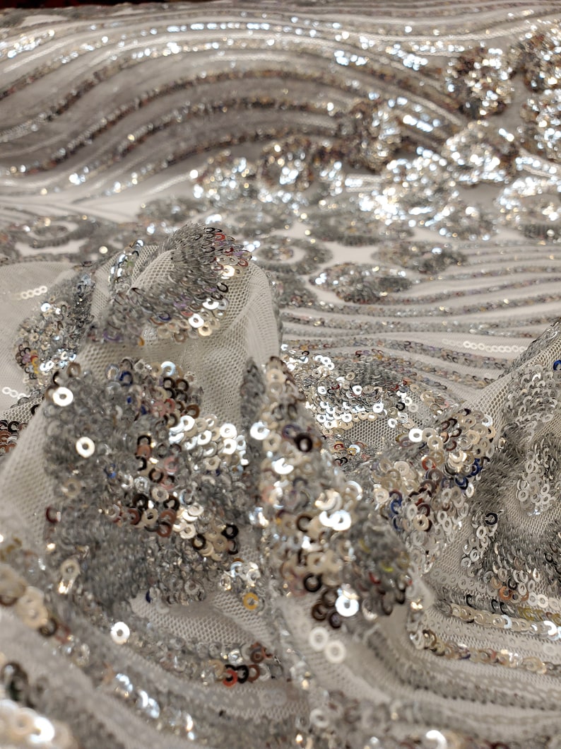 Silver Floral Sequin Embroidery on Poly Mesh Prom Sequin Fabric ...