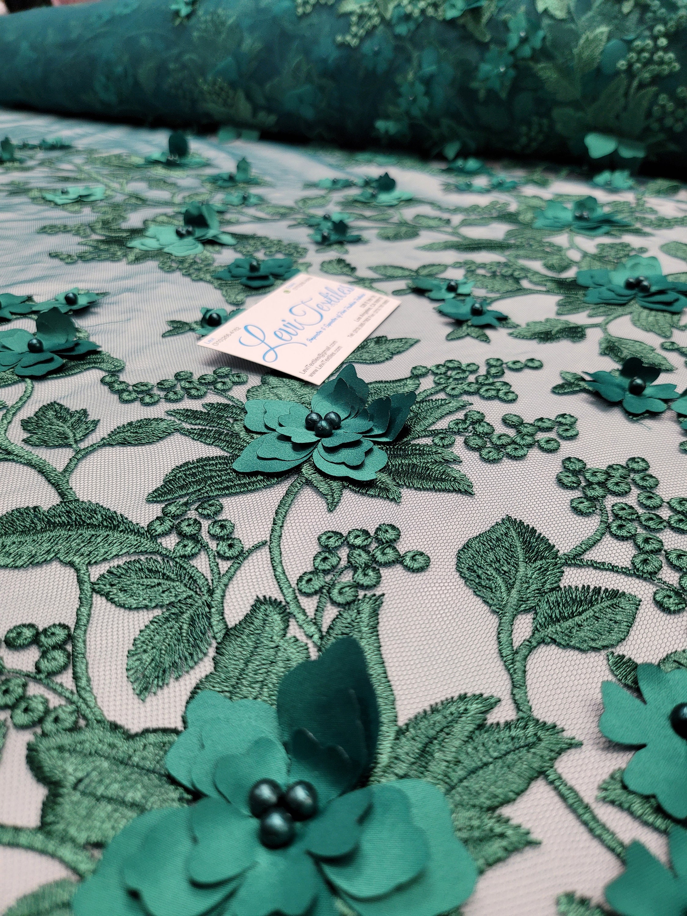 Hunter Green Floral Embroidery With 3D Satin Flowers & Pearls on Mesh ...