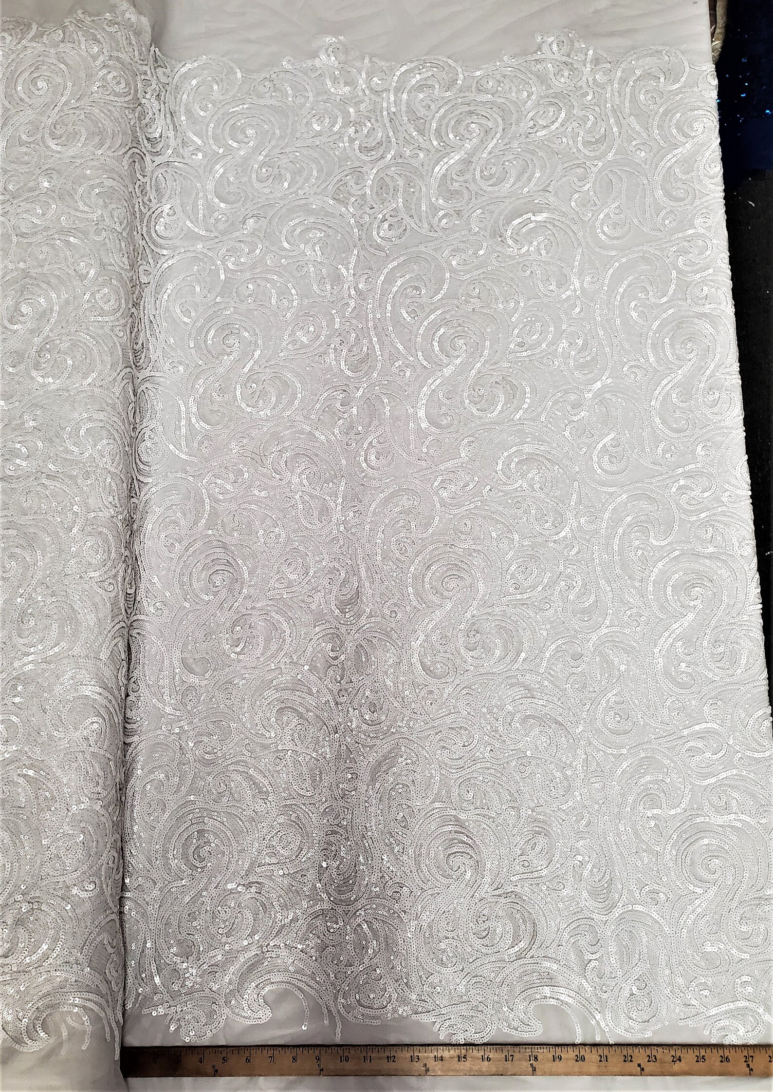Shiny White Curly Sequin Fabric on Poly Mesh "the Spiral Sequin" - BTY ...