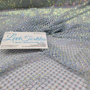 AB Iridescent Rhinestones on Baby Blue Soft Stretch Fish Net Mesh ...
