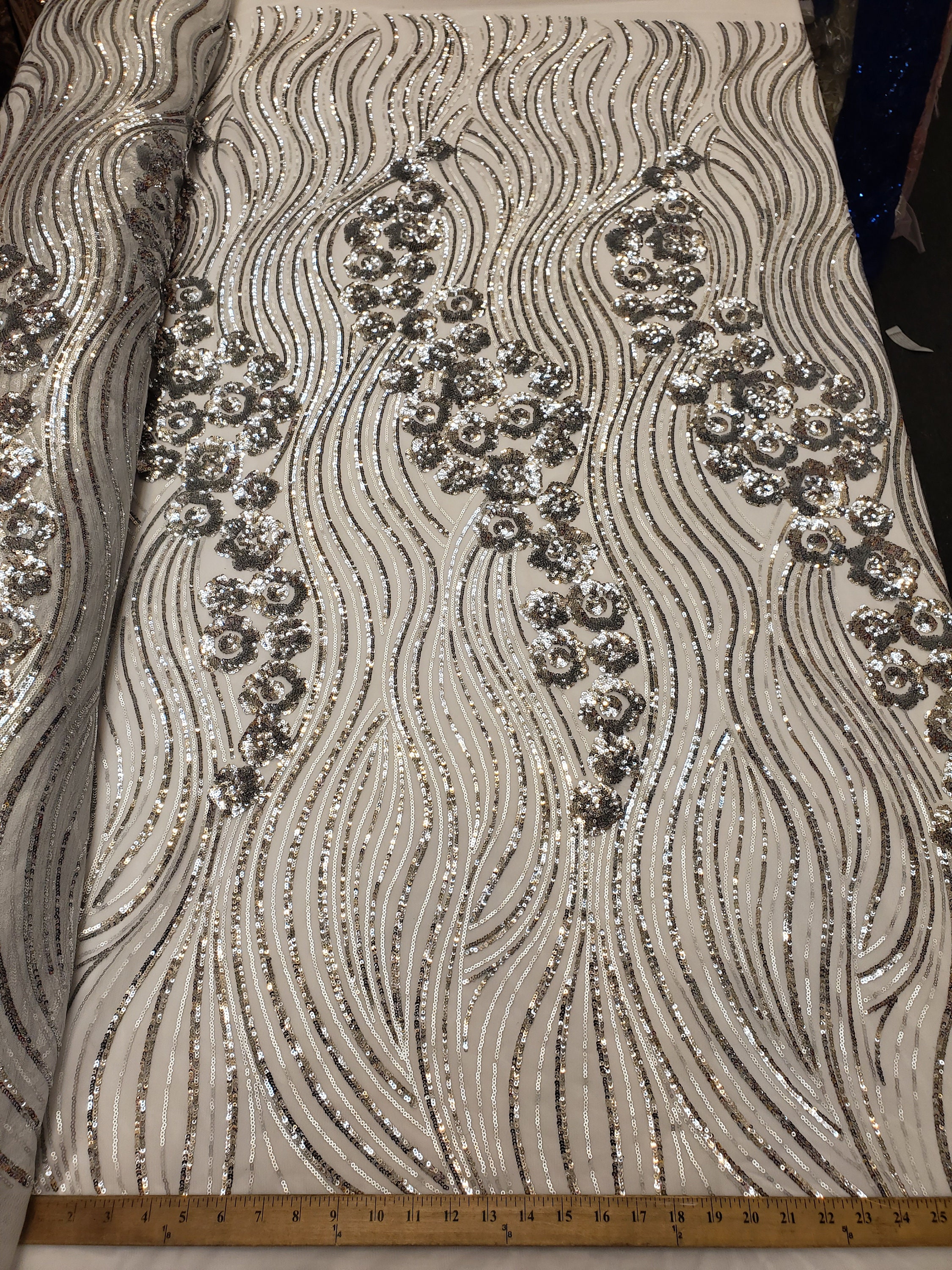 Silver Floral Sequin Embroidery on Poly Mesh Prom Sequin | Etsy