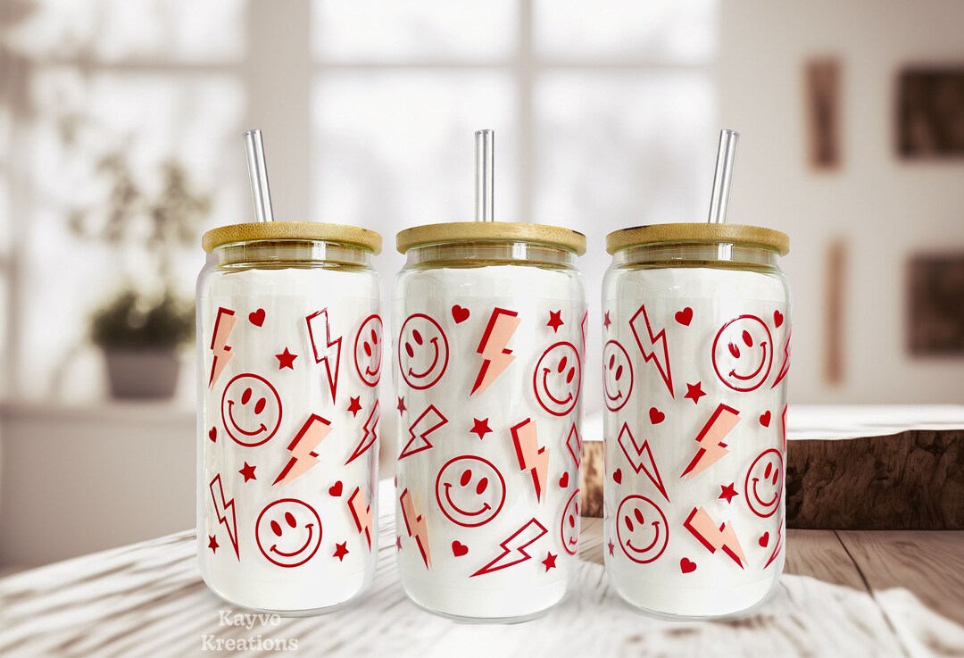 Smiley Face Lightning Bolt Glass Cup With Bamboo Lid - 16oz Handmade - Etsy