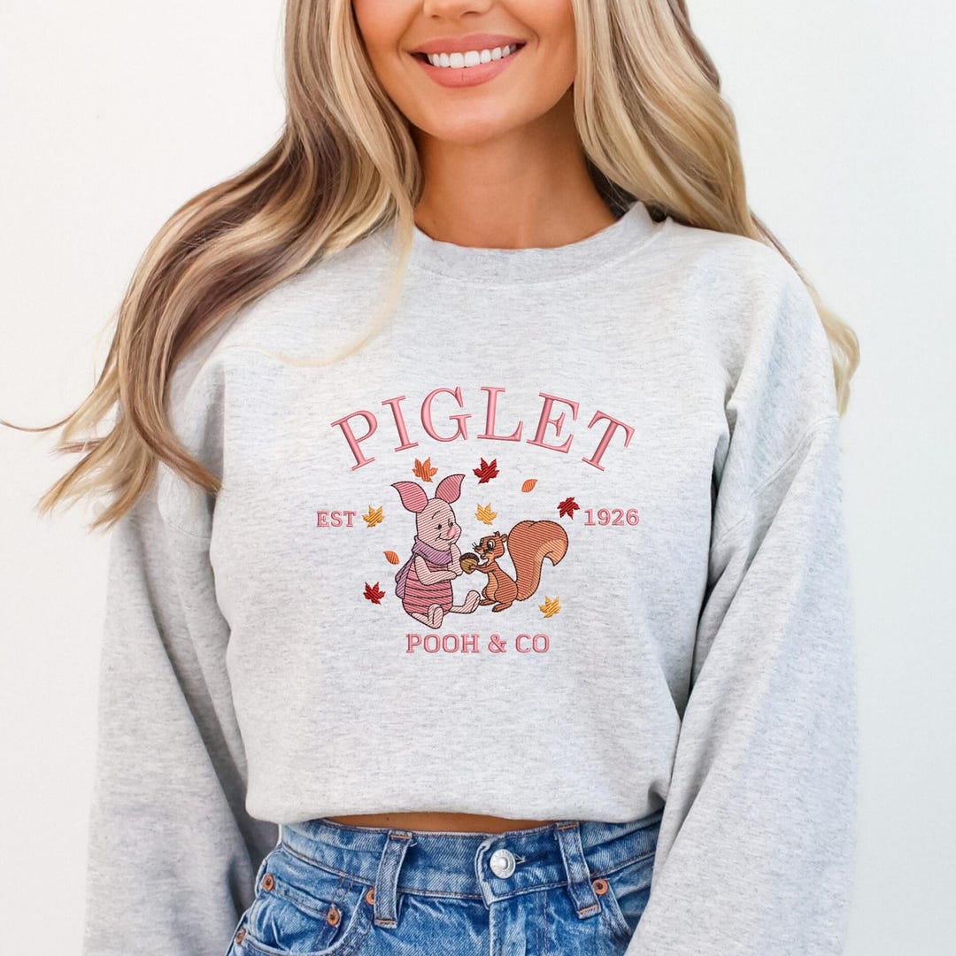 Embroidered Piglet Pig Fall Leaves Sweatshirt Cozy Fall Crew Neck for ...