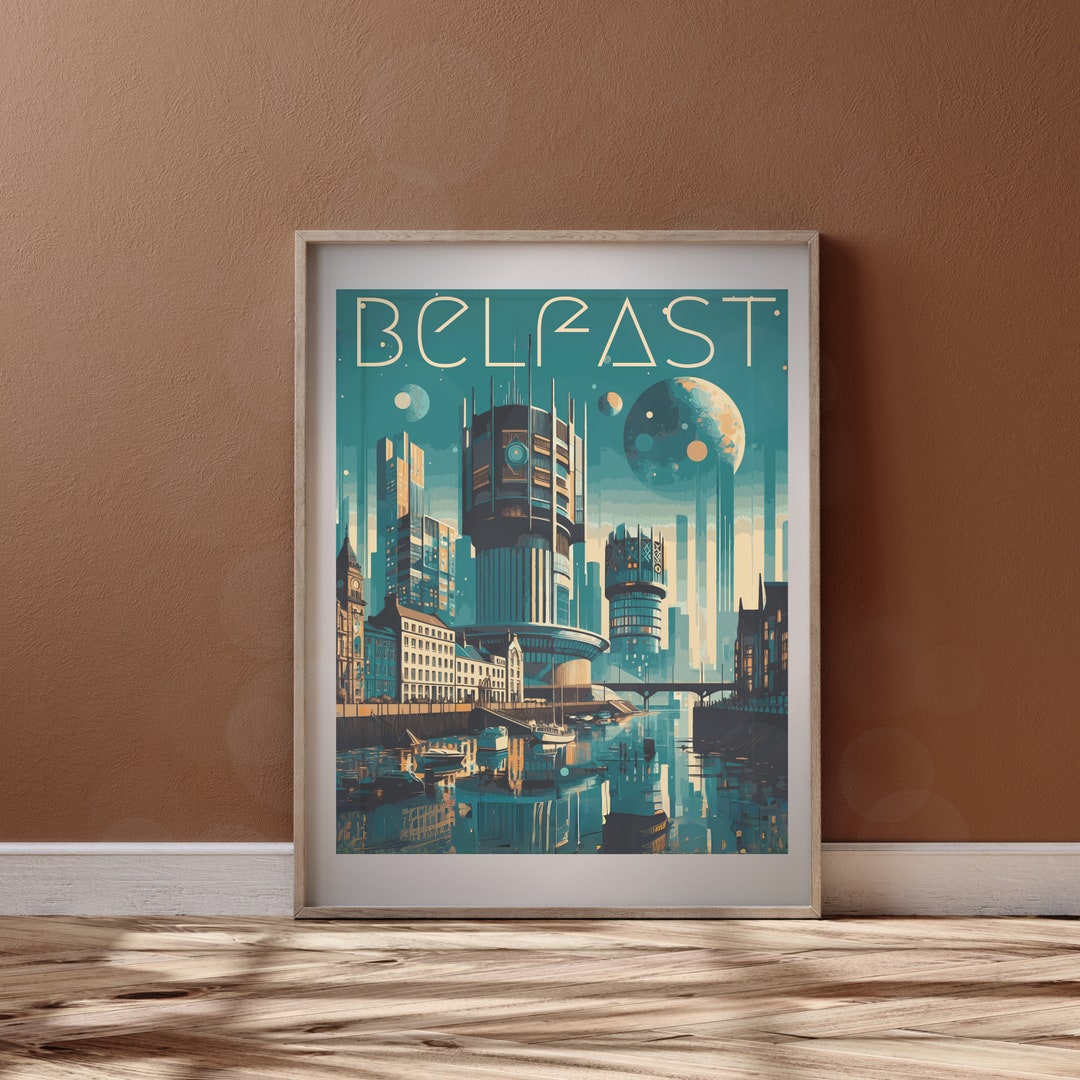 Belfast Skyline Futuristic Poster Midcentury Modern Sci-fi Art Print ...