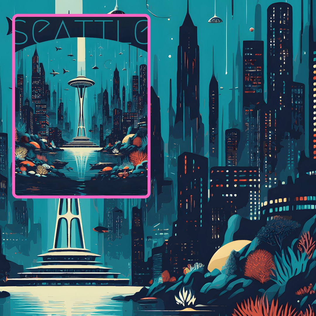 Seattle Skyline Futuristic Poster - Midcentury Modern Sci-fi Art Print ...