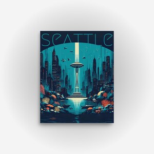 Seattle Skyline Futuristic Poster - Midcentury Modern Sci-fi Art Print ...