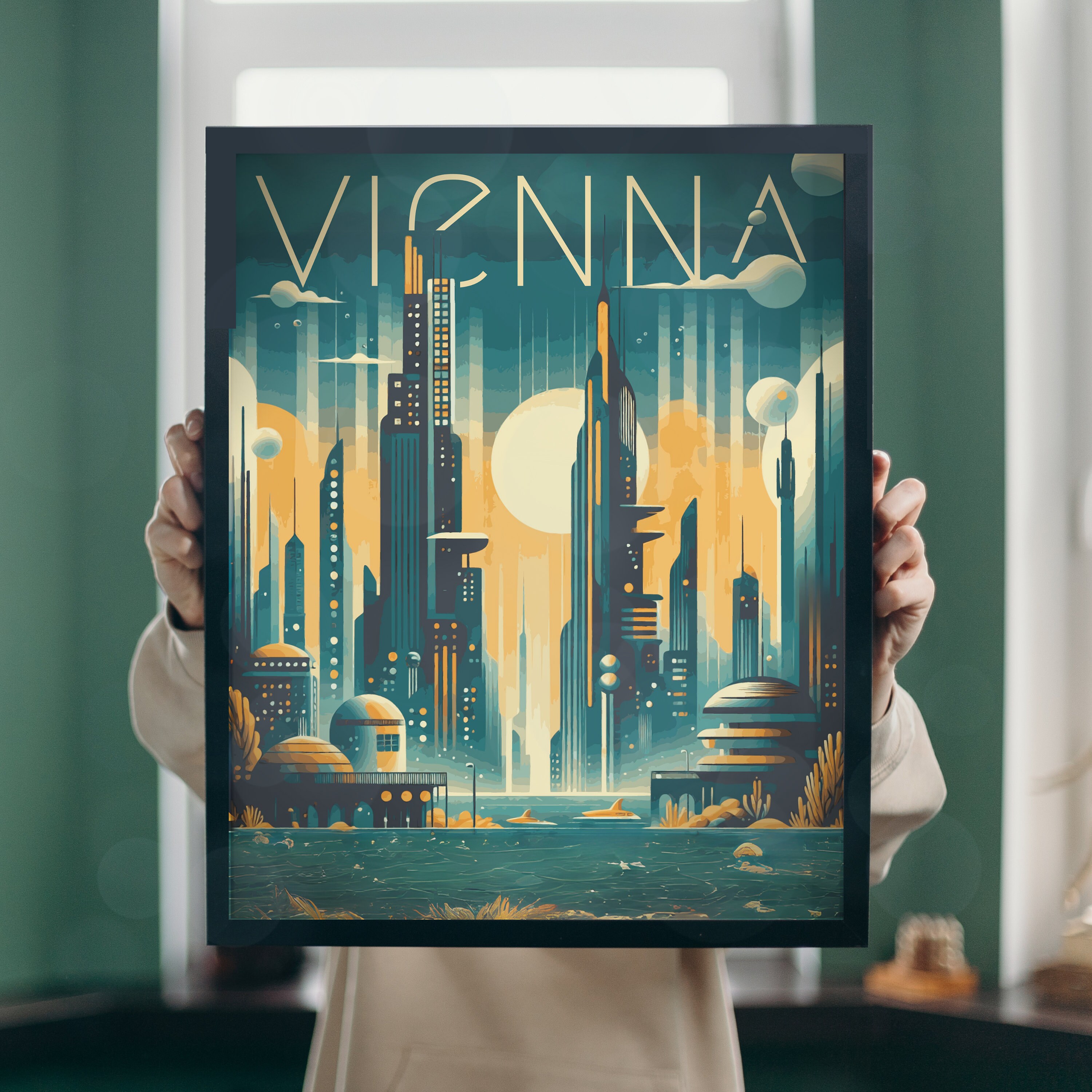 Vienna Skyline Futuristic Poster - Midcentury Modern Sci-fi Art Print ...