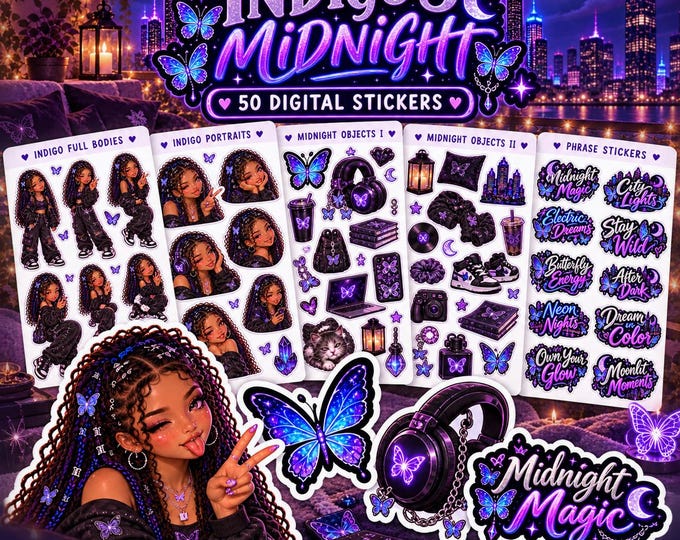 50 Y2K Neon Digital Stickers | Blue Purple PNG Sticker Pack | Aesthetic ...