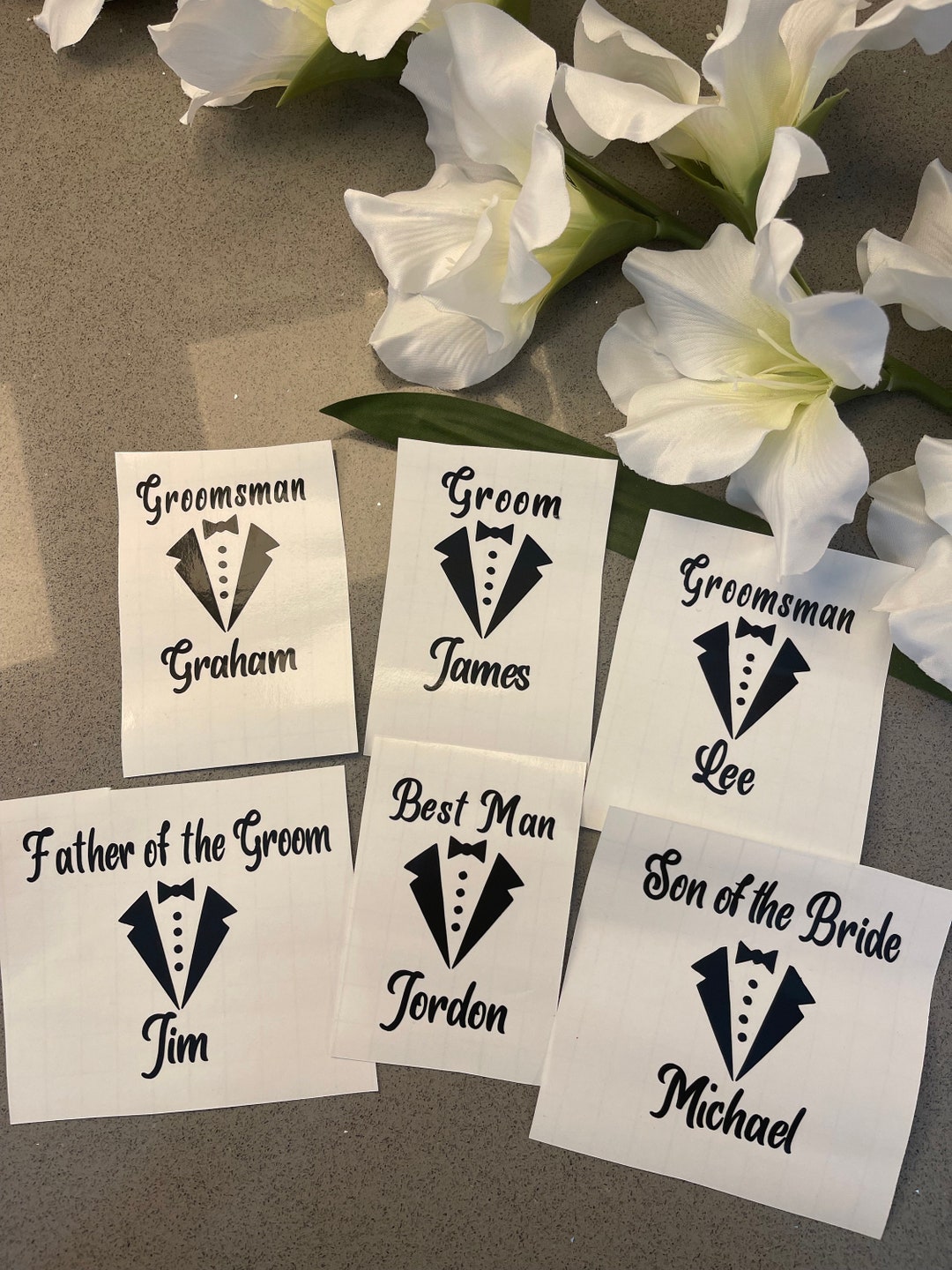 Personalised Name 3.5 High Groom Wedding Stag Party Decals. Tux Bow Tie ...