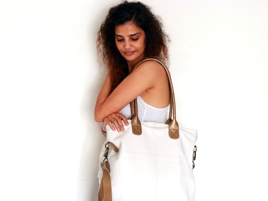 White Bucket Bag in Leather, Large Size Leather Tote Bag Leather Purse ...