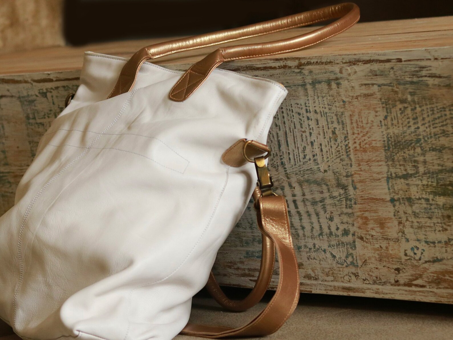 White Bucket Bag in Leather, Large Size Leather Tote Bag Leather Purse ...