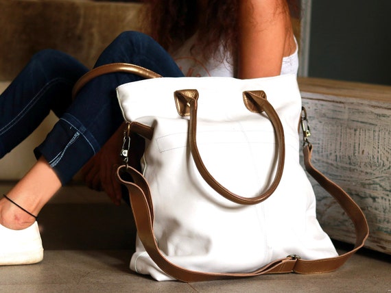 White Bucket Bag in Leather Large Size Leather Tote Bag | Etsy