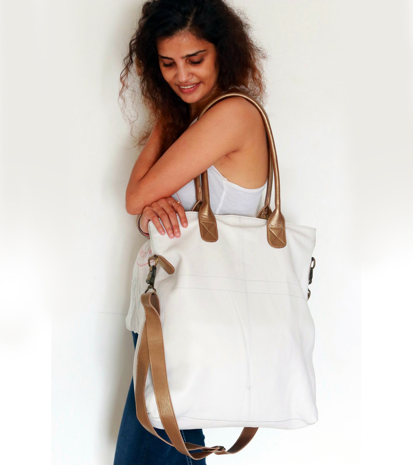 White Bucket Bag in Leather, Large Size Leather Tote Bag Leather Purse ...
