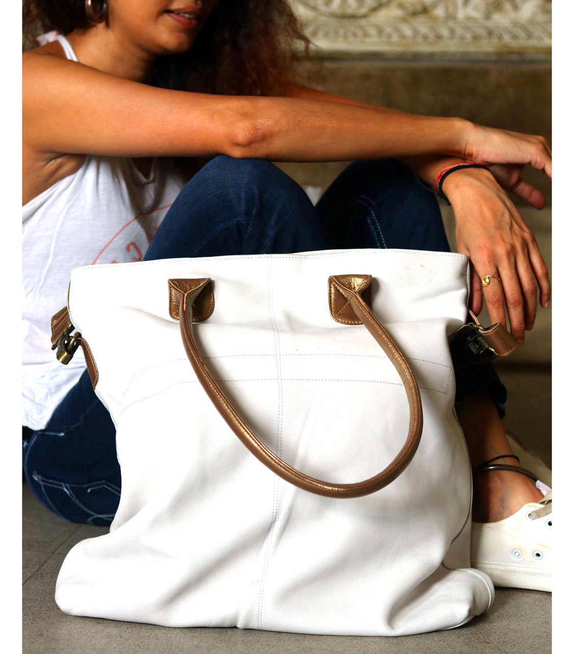 White Bucket Bag in Leather, Large Size Leather Tote Bag Leather Purse ...