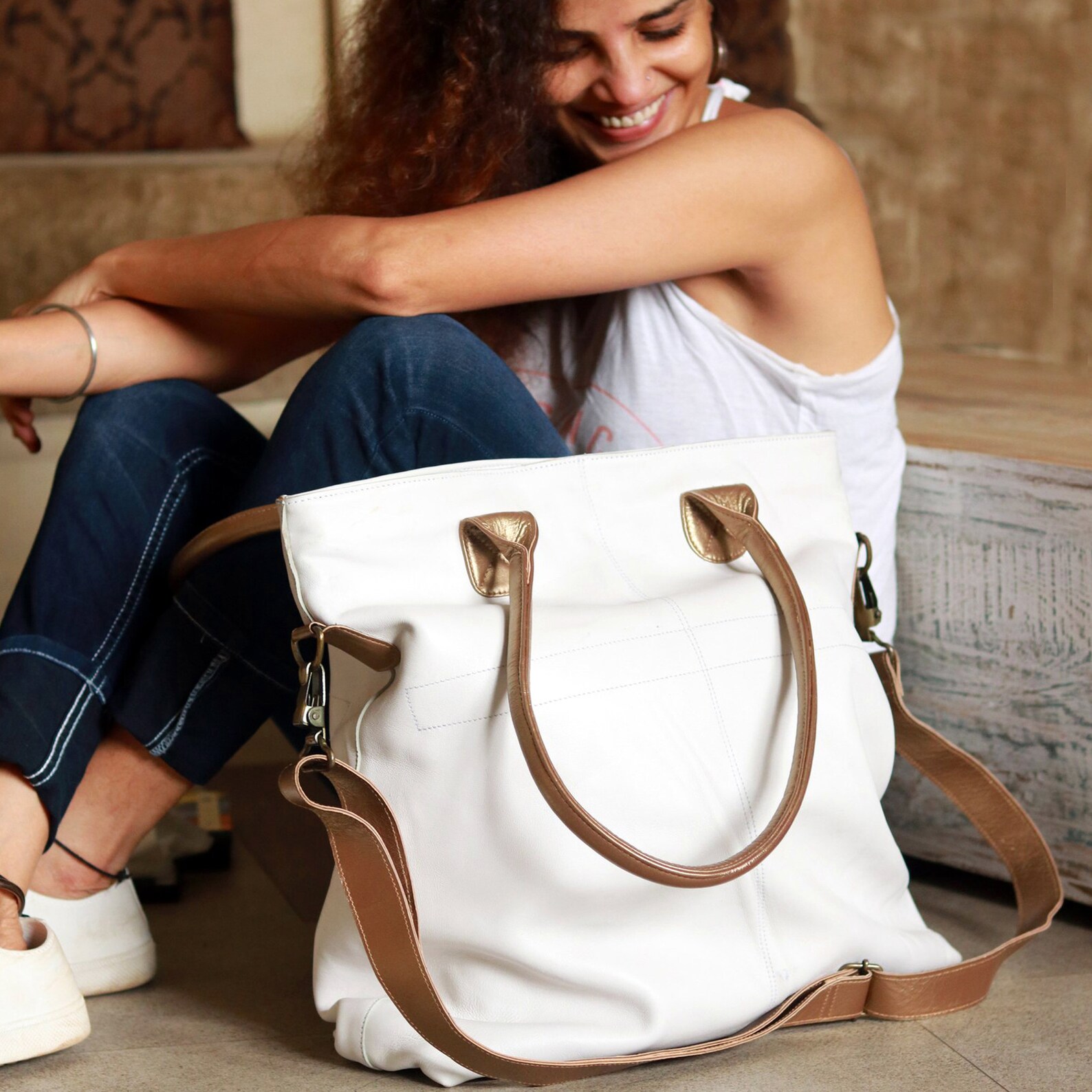 White Bucket Bag in Leather, Large Size Leather Tote Bag Leather Purse ...