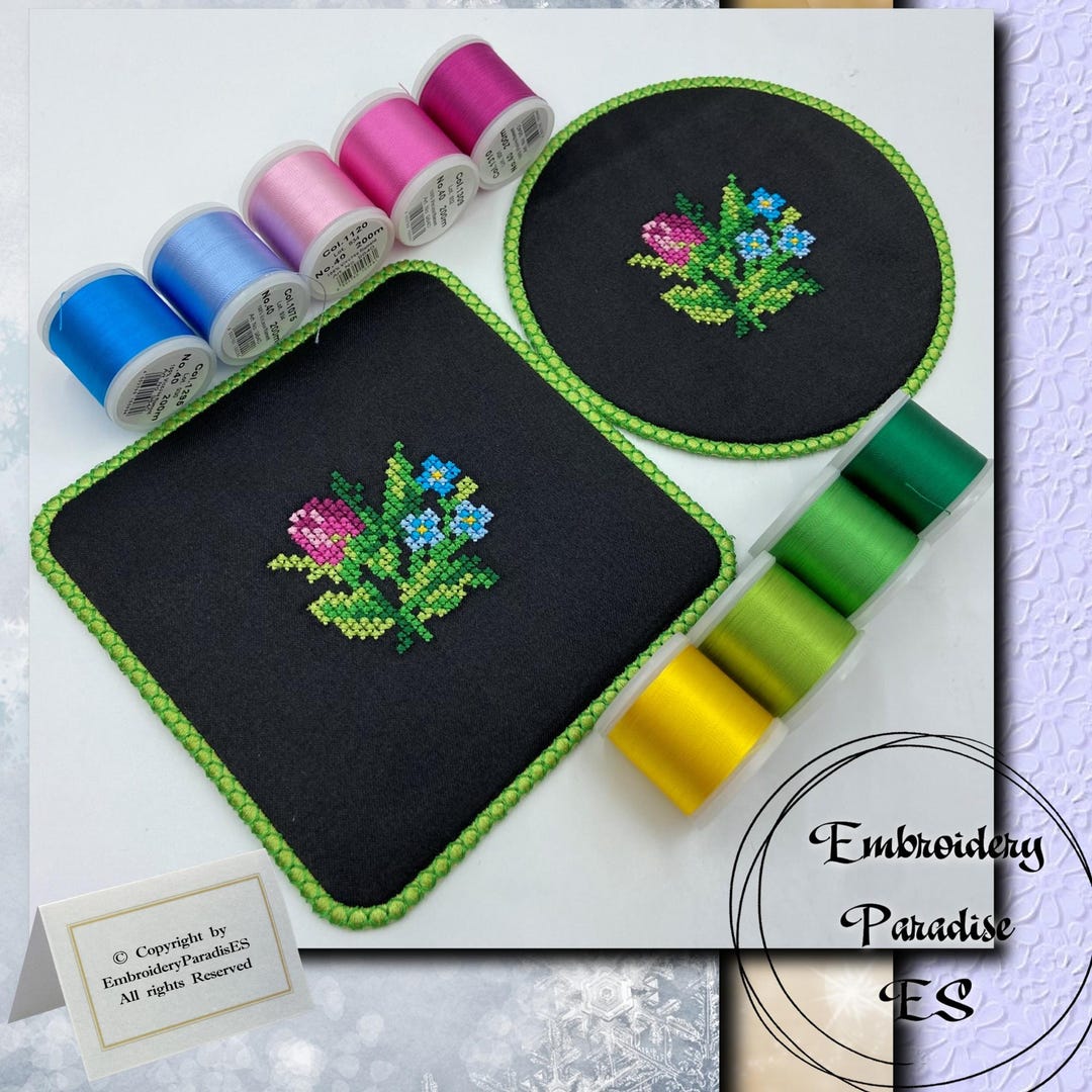 Charming Coasters Set: Rose & Forget-me-not Cross-stitch, Machine ...