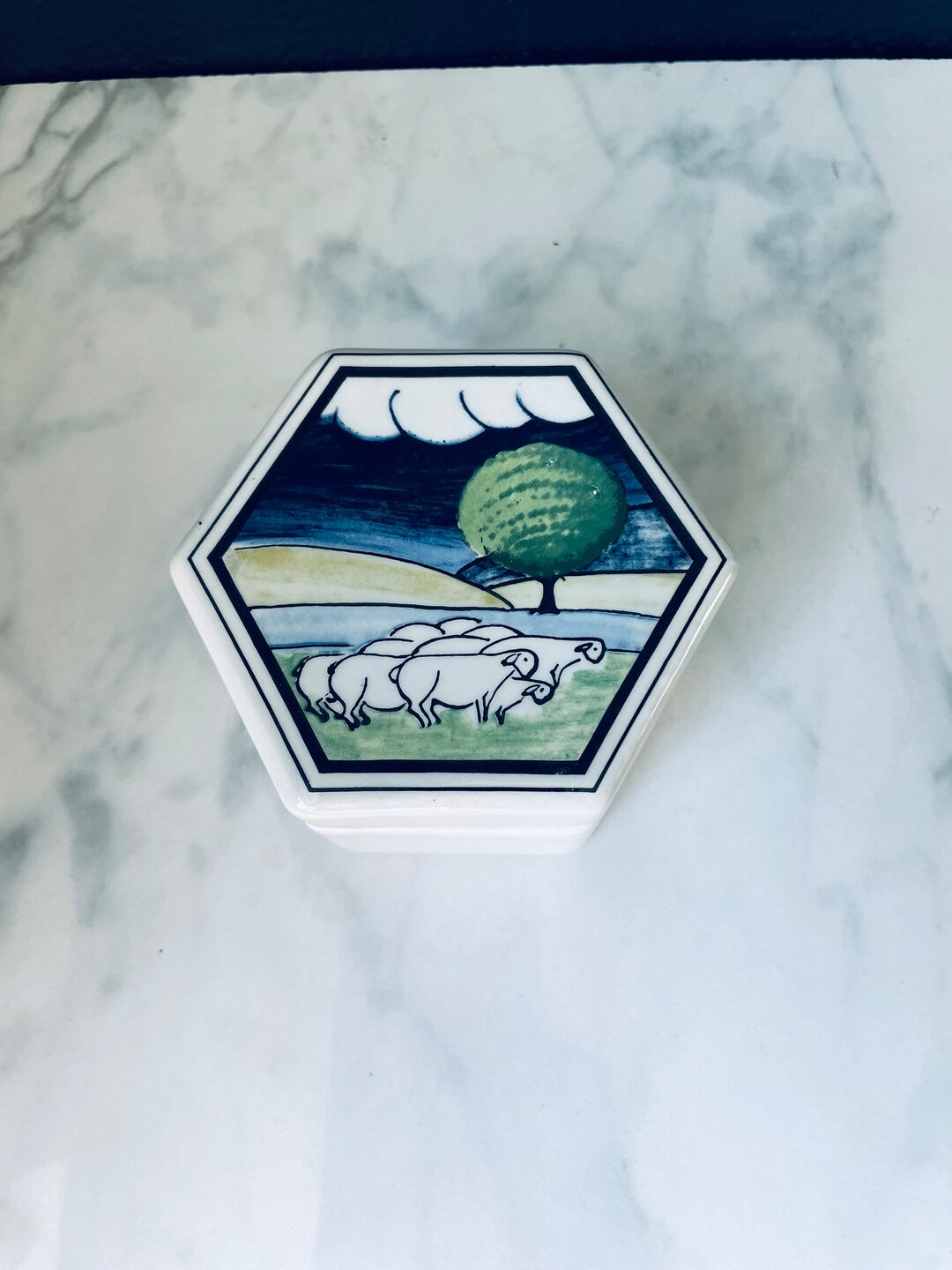 Mancer Italy Italian Pottery Hexagonal Trinket Box Pasture Sheep Ranch ...