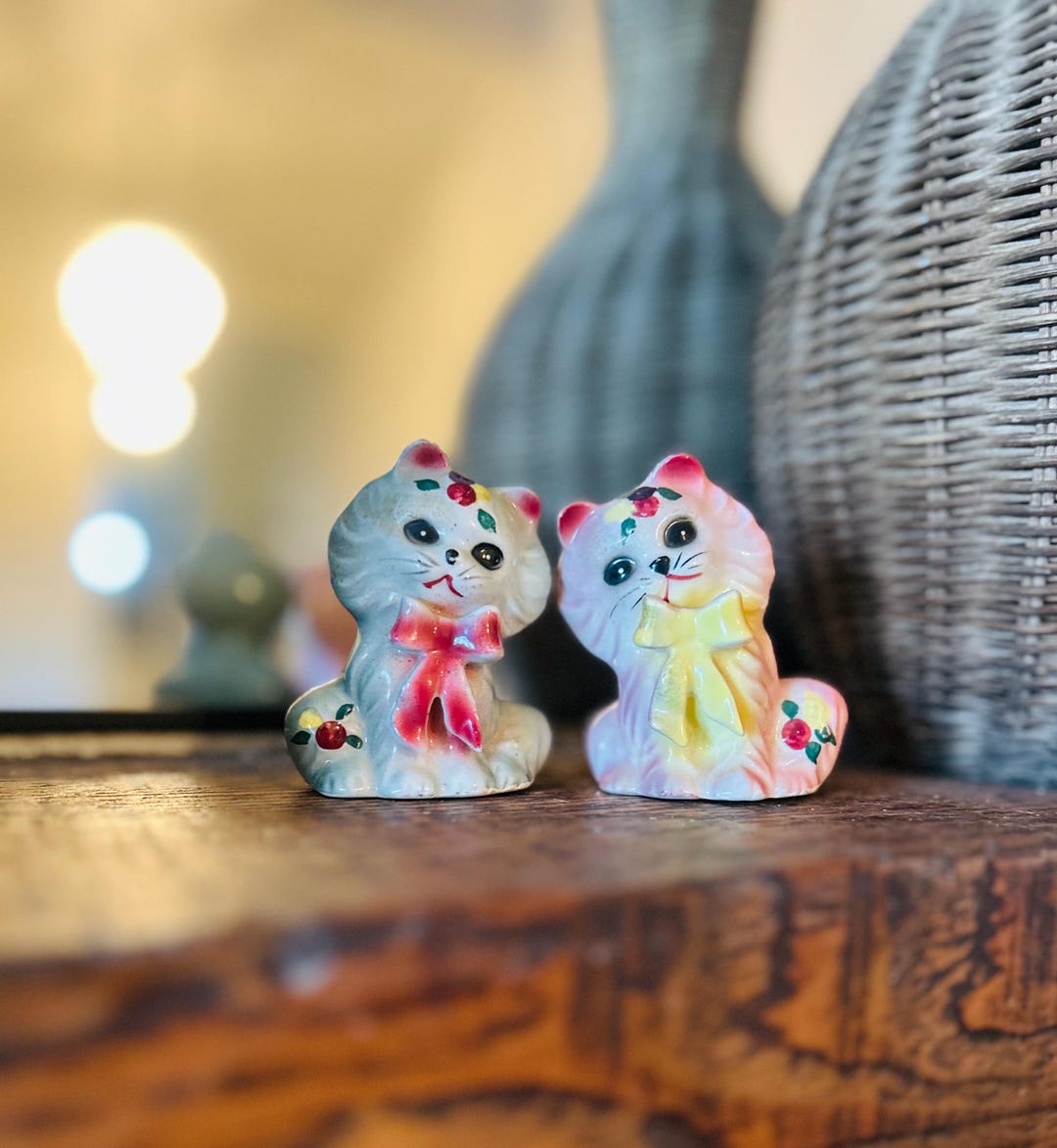 Grey and Pink Cat Salt and Pepper Shaker Set Anthropomorphic Japan - Etsy